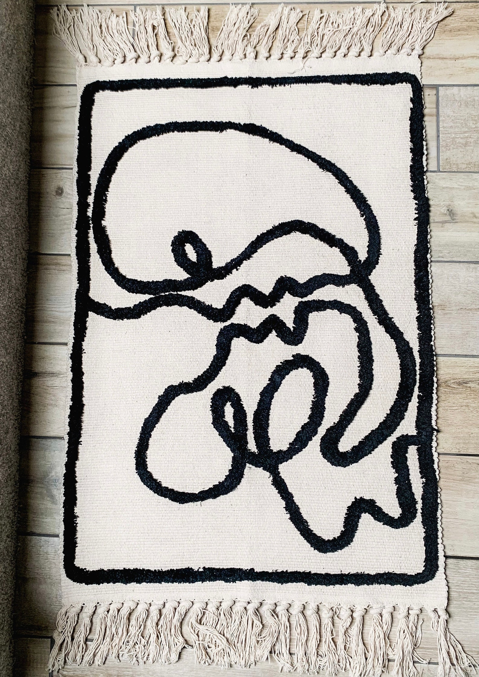 Small Rug Abstract Face Drawing Boho Matt Beige and Black - Etsy