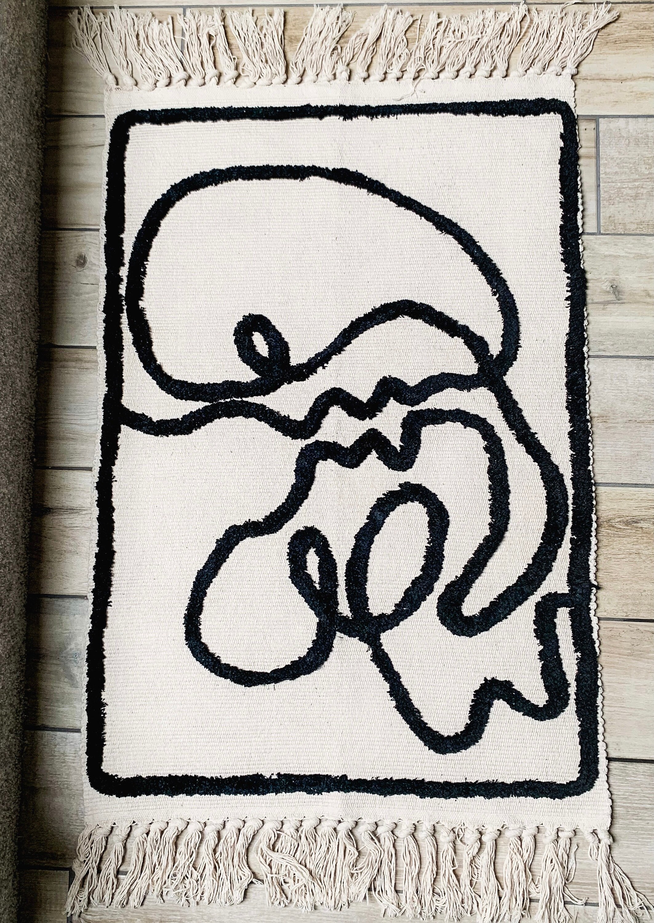Small Rug Abstract Face Drawing Boho Matt Beige and Black - Etsy