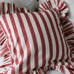 Red Stripe Ruffle Cotton Cushion With Feather Inset: Frilly Throw ...