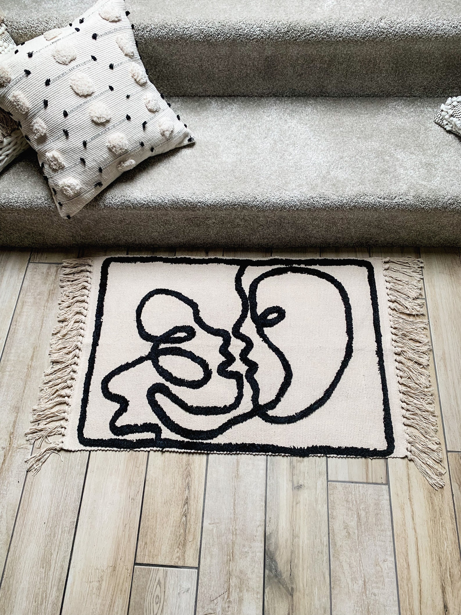 Small Rug Abstract Face Drawing Boho Matt Beige and Black - Etsy