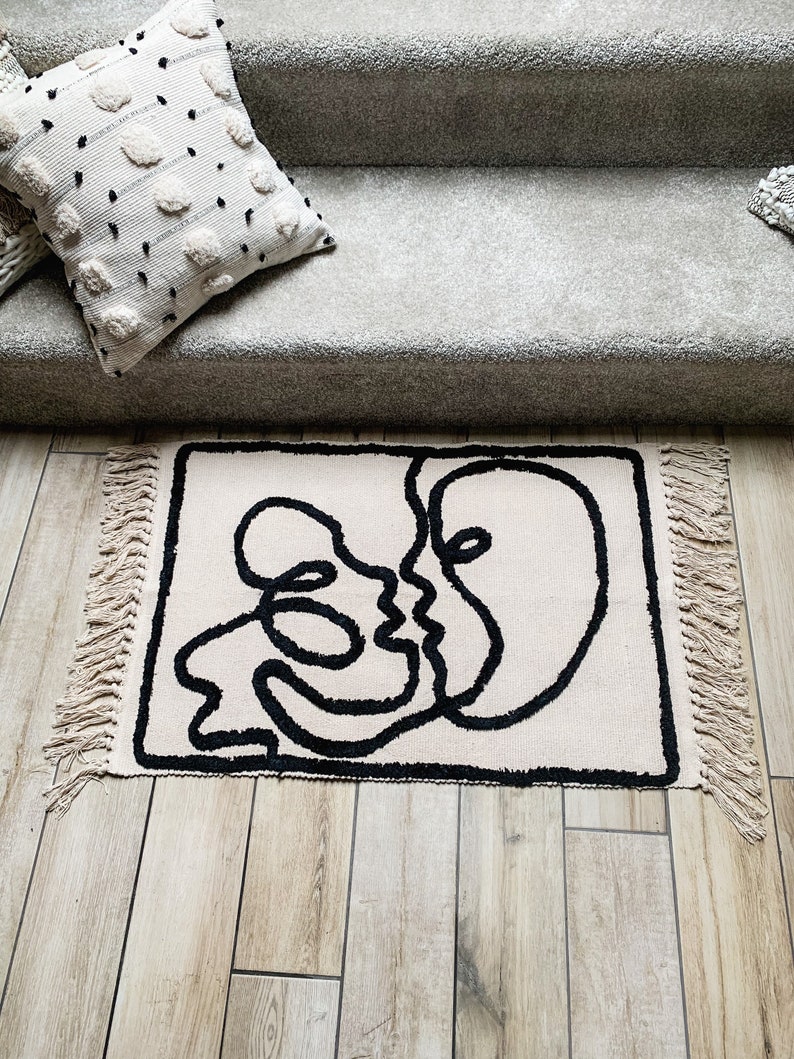 Small Rug Abstract Face Drawing Boho Matt Beige and Black - Etsy