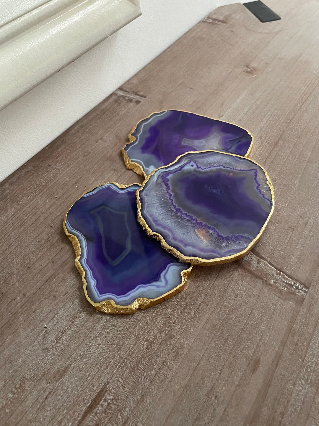 Purple Agate Stone Coasters With Gold Edge: Crystal Coasters - Etsy UK