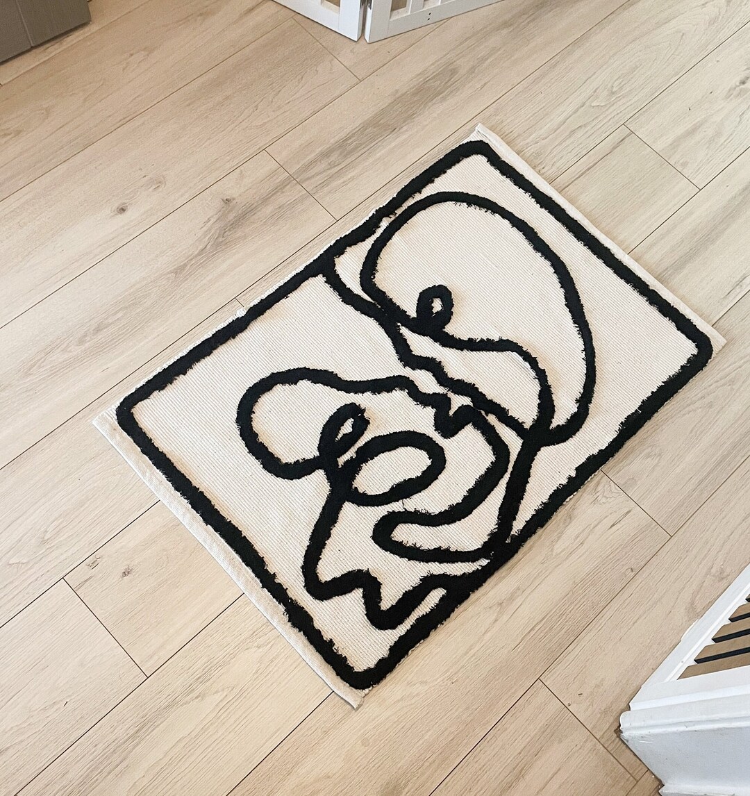 Small Rug Abstract Face Drawing Boho Matt Beige and Black - Etsy