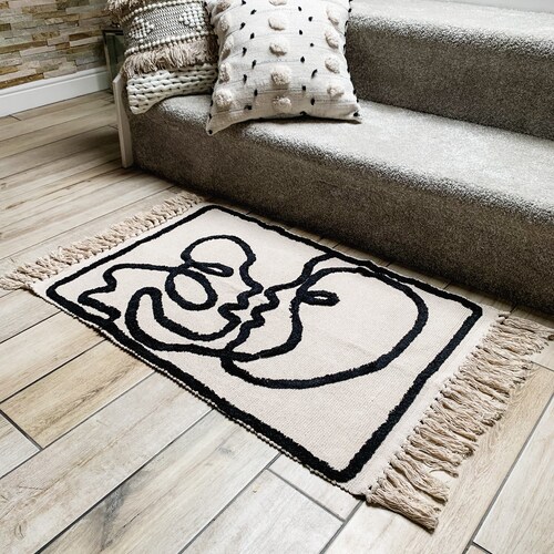 Small Rug Abstract Face Drawing Boho Matt Beige and Black - Etsy