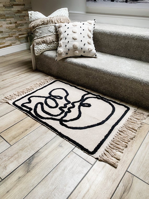 Small Rug Abstract Face Drawing Boho Matt Beige and Black - Etsy