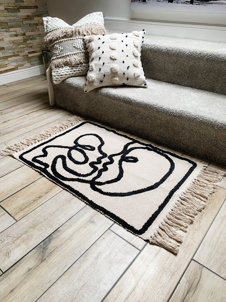 Small Rug Abstract Face Drawing Boho Matt Beige and Black - Etsy