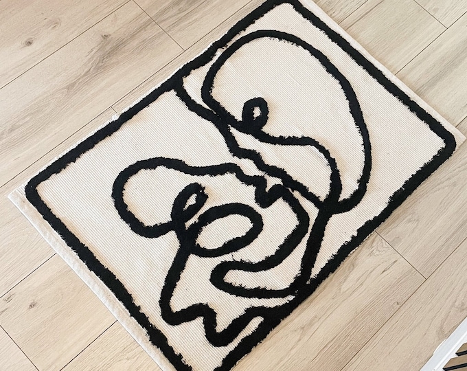 Small Rug Abstract Face Drawing, Boho Matt, Beige and Black Rug, Cotton ...