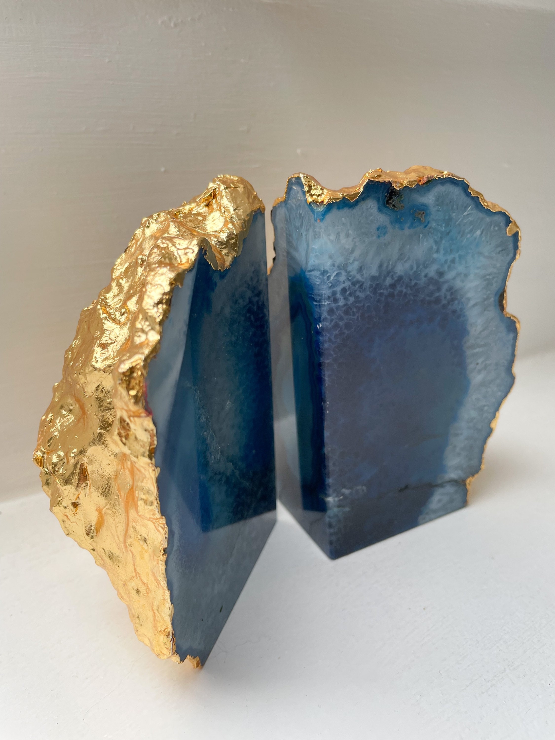 Agate Stone Bookends or Agate Stone Ornament Blue With Gold - Etsy