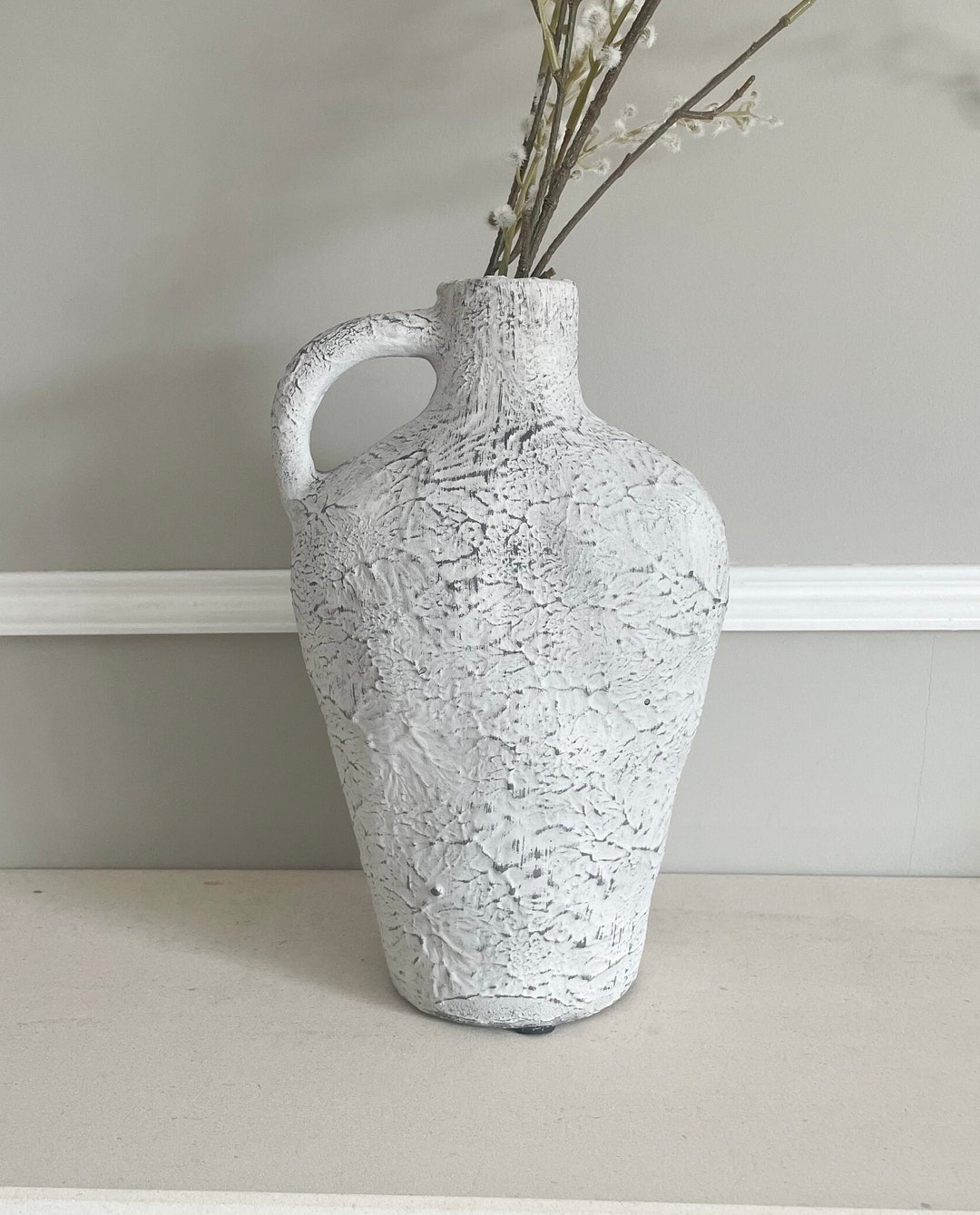 Distressed Rustic Floor Vase With Handle, Faux Stone Vase, Large Faux ...