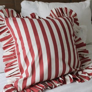 Red Stripe Ruffle Cotton Cushion With Feather Inset: Frilly Throw ...