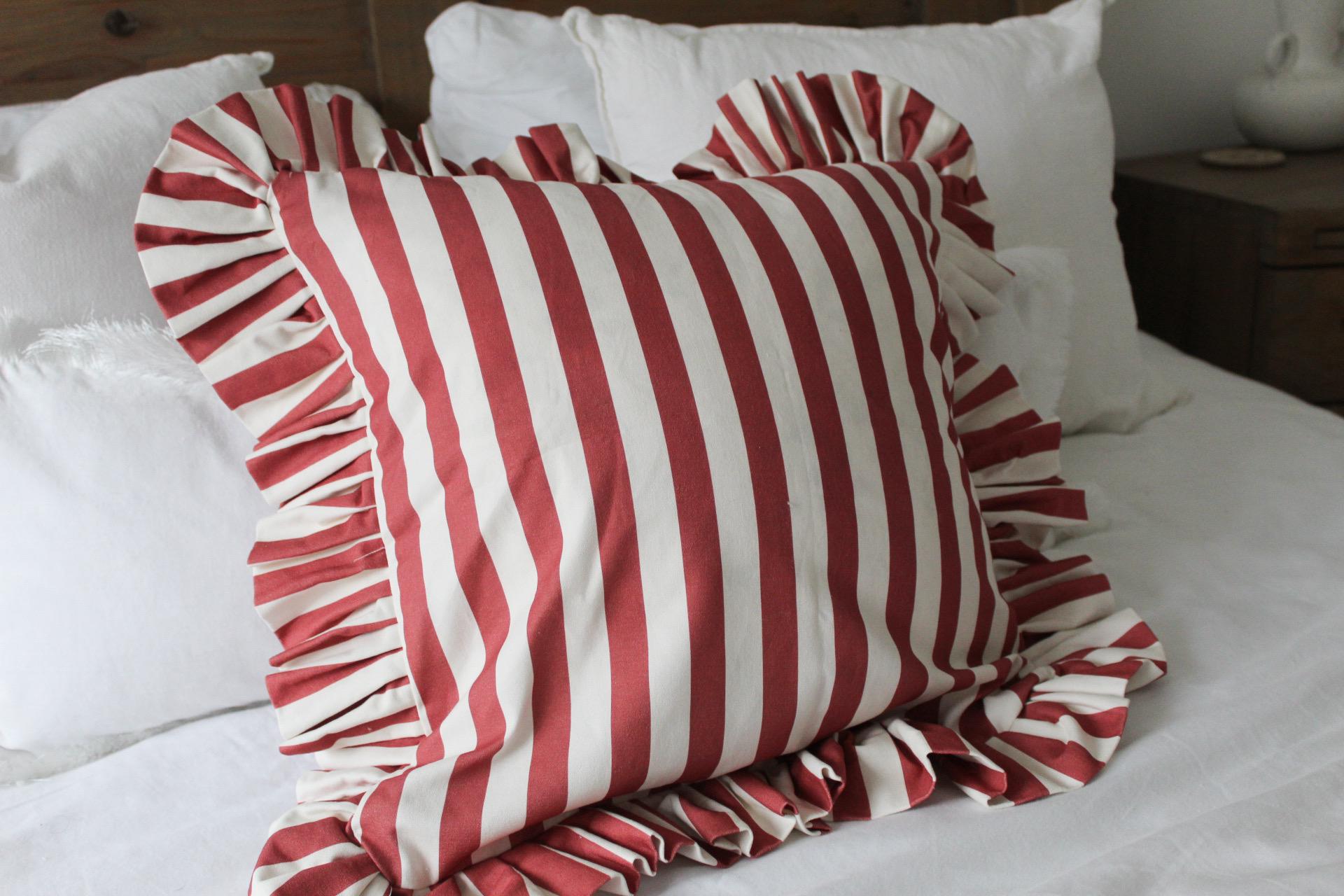 Red Stripe Ruffle Cotton Cushion With Feather Inset: Frilly Throw ...