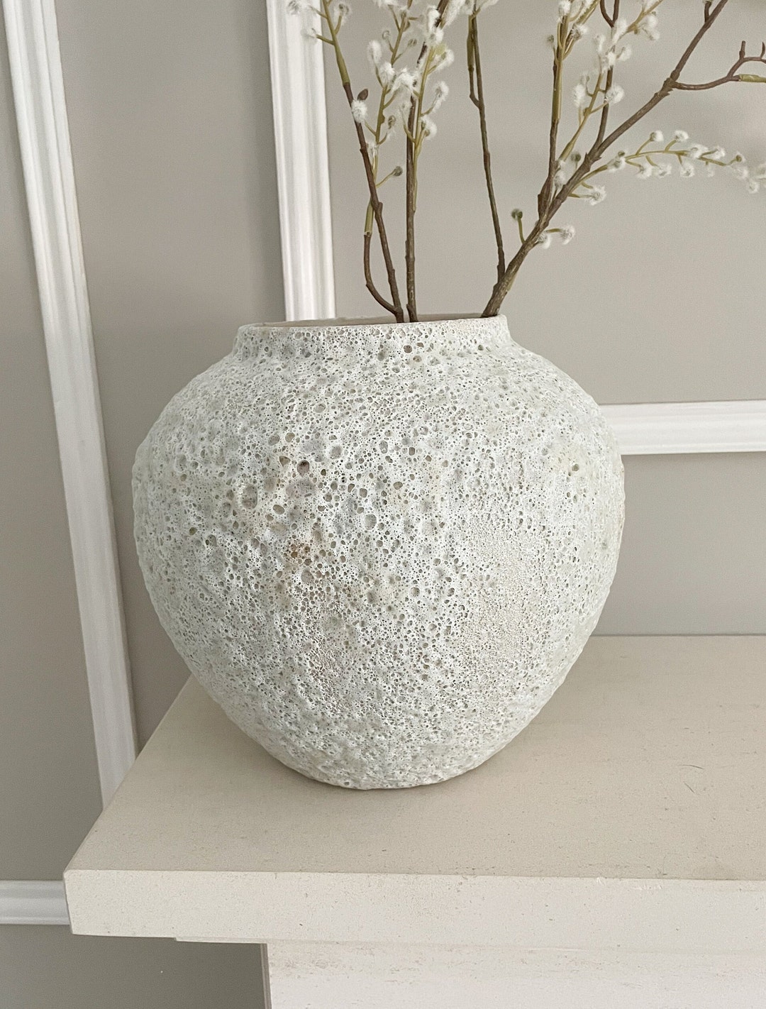 Round Distressed Rustic Vase, Faux Stone Vase, Large Faux Concrete Vase ...