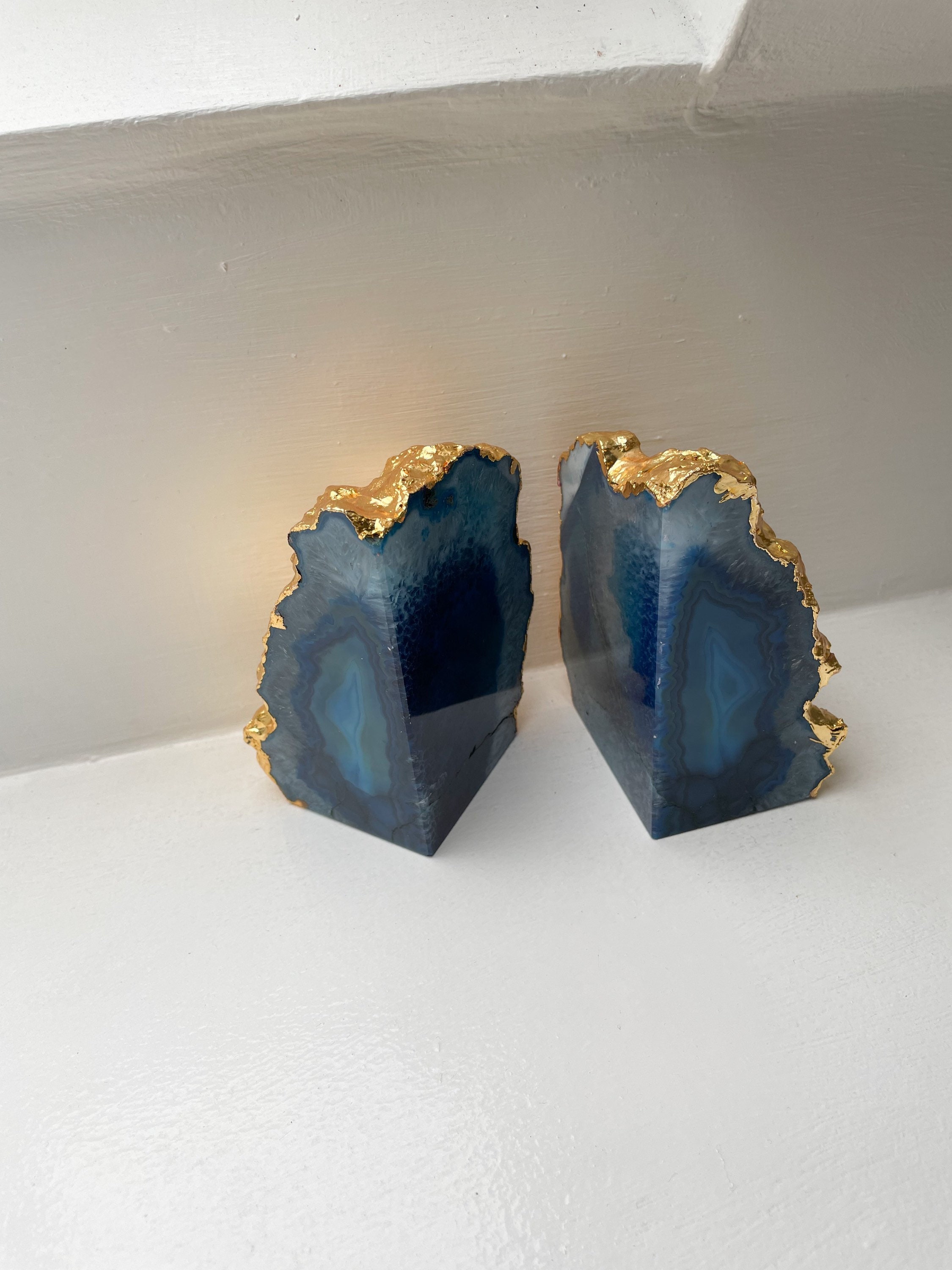 Agate Stone Bookends or Agate Stone Ornament Blue With Gold - Etsy