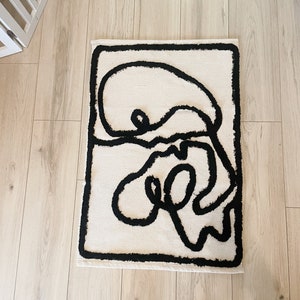 Small Rug Abstract Face Drawing, Boho Matt, Beige and Black Rug, Cotton ...