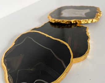 Black Agate Coaster in Gold Edge - Etsy