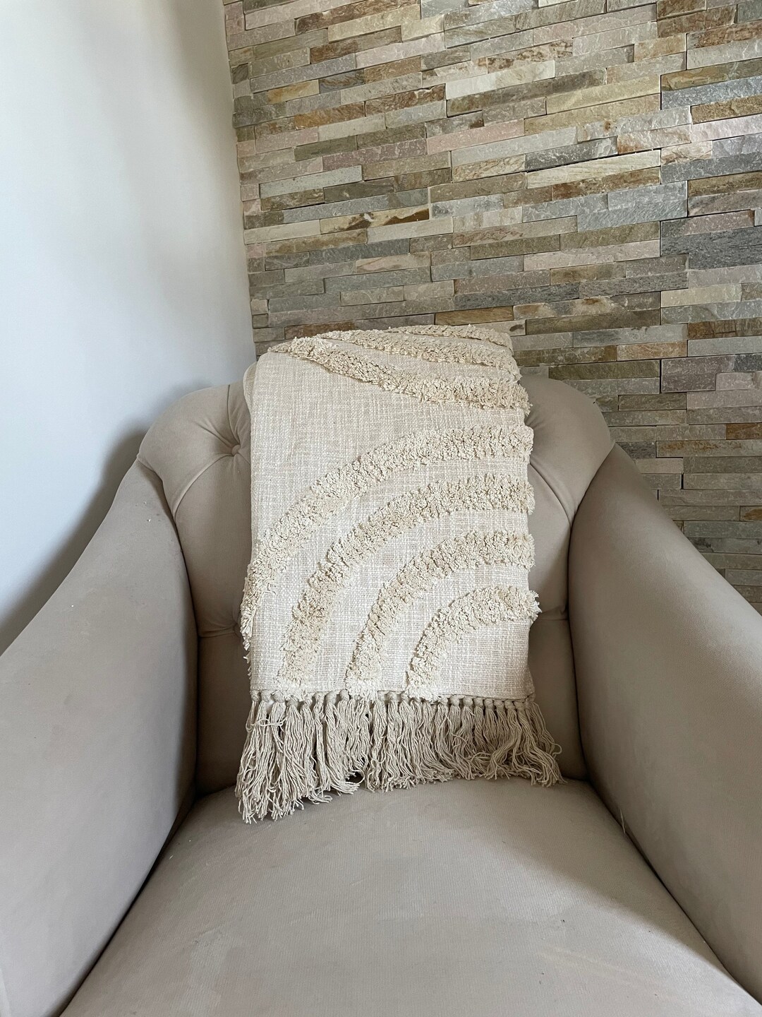 Beige Boho Tufted Throw Blanket in the UK, Beige Cotton Throw With ...