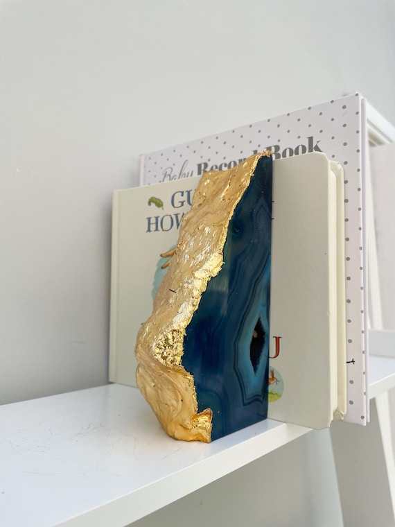 Agate Stone Bookends or Agate Stone Ornament Blue With Gold Agate Stone Bookends Crystal Bookends in the UK Agate Stone Slice Etsy UK