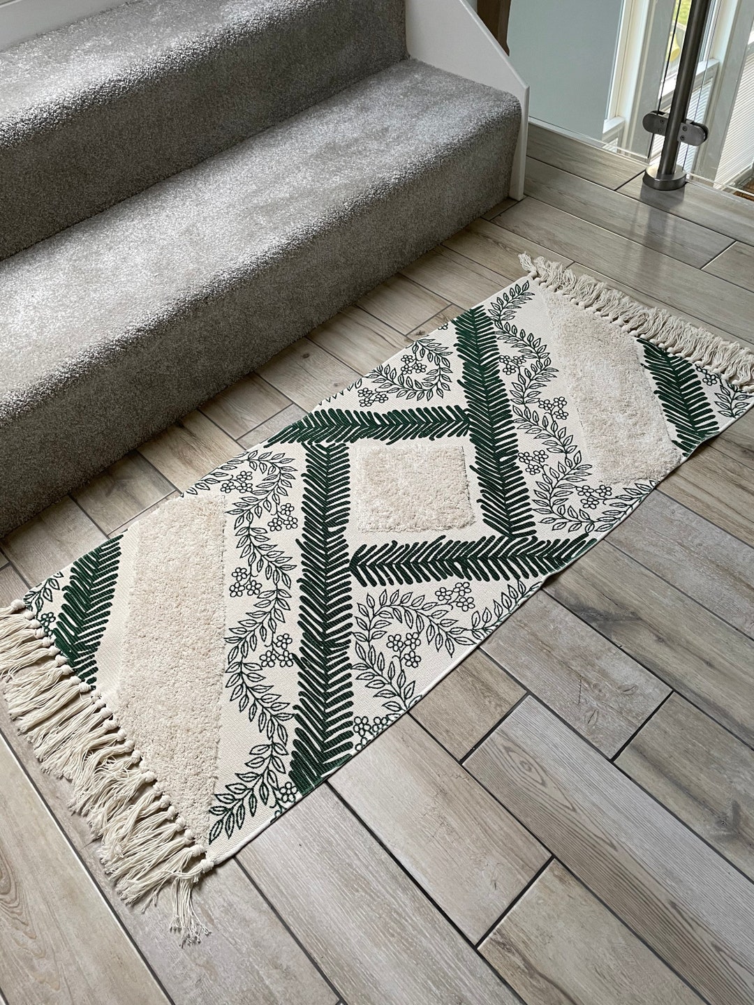 Green Tufted Hallway Runner Floral Runner Matt Beige and - Etsy