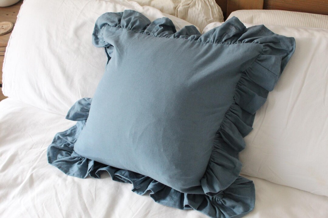 Blue Ruffle Linen Cushion With Feather Insert (45x45cm): Frilly ...