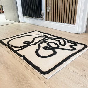 Small Rug Abstract Face Drawing, Boho Matt, Beige and Black Rug, Cotton ...