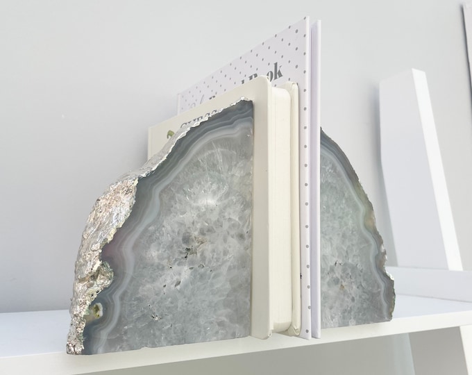 Agate Stone Bookends or Agate Stone Ornament, White With Silver Agate ...