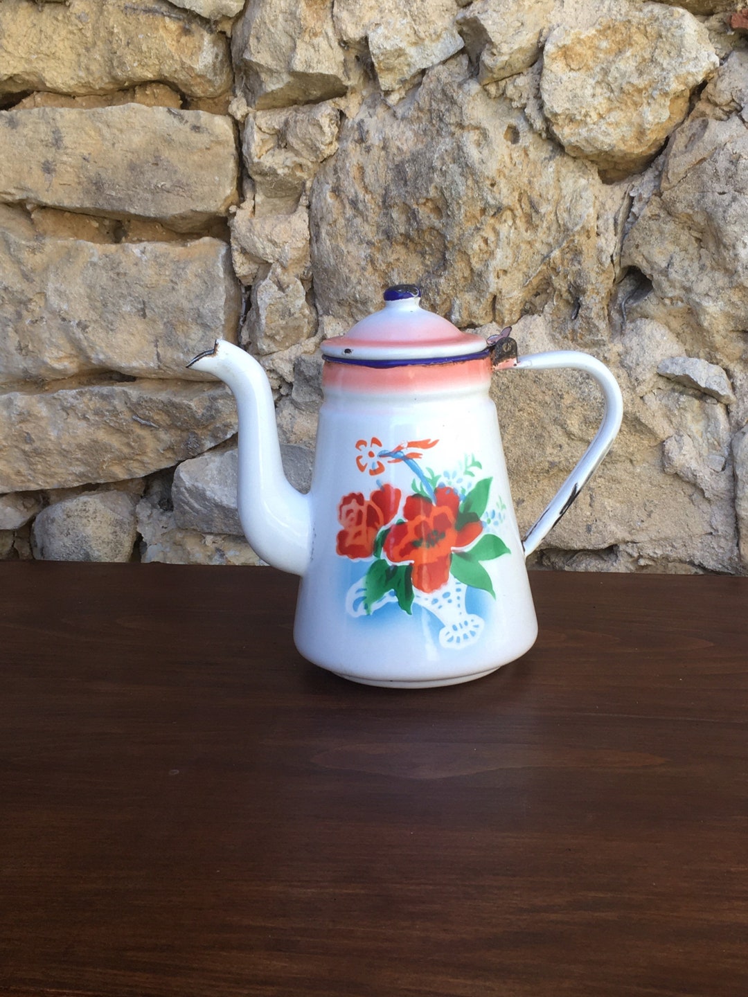 Vintage Enamelware Coffee Pot Floral Design - Etsy