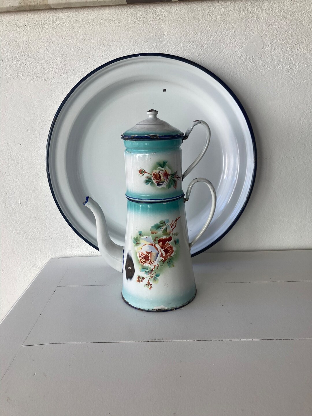 Antique French Enamelware Cafetière Coffee Pot Roses Motif - Etsy