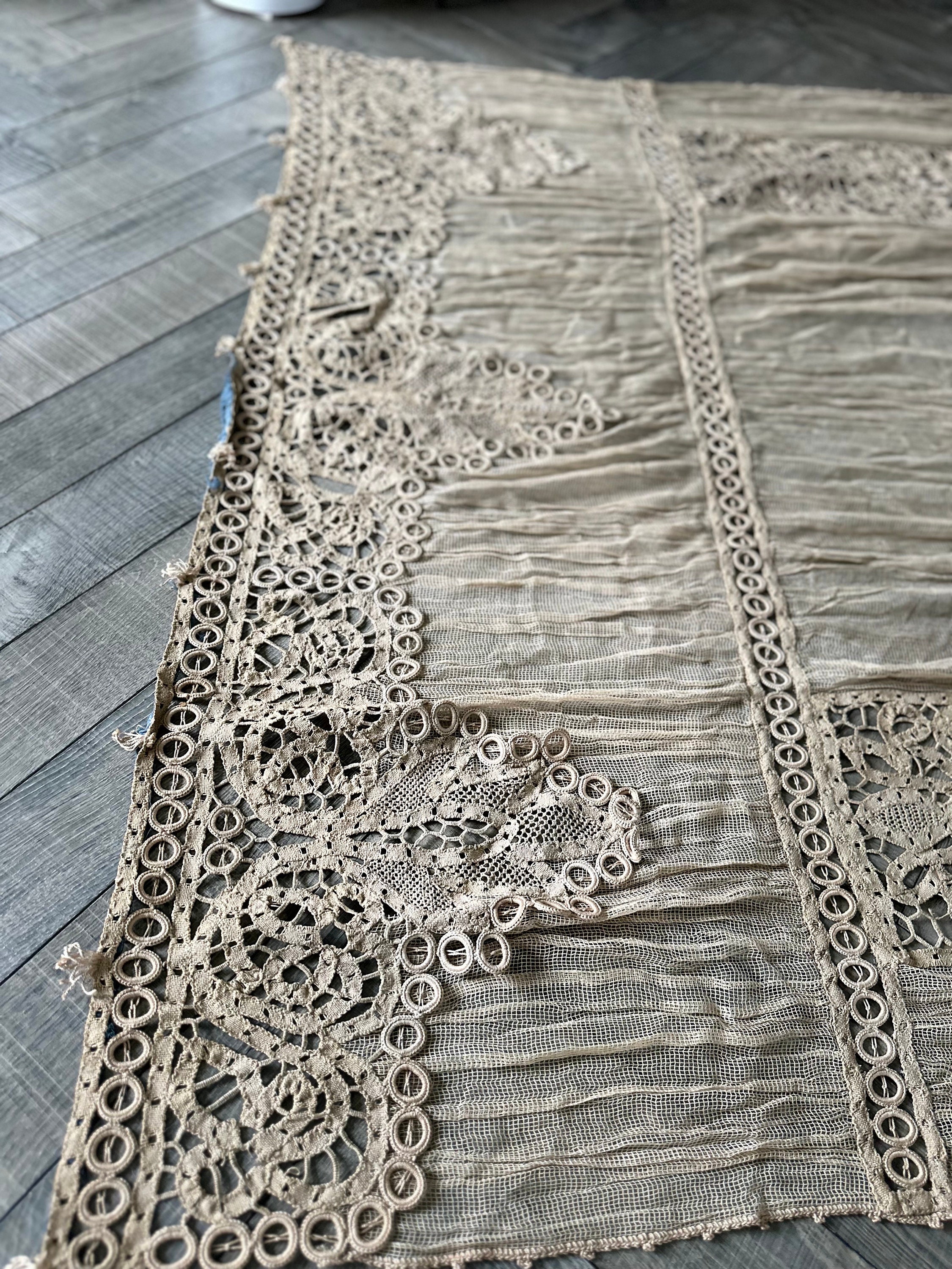 Antique 19th Century French Net Curtain With Lace Hand Embroidery Filet ...