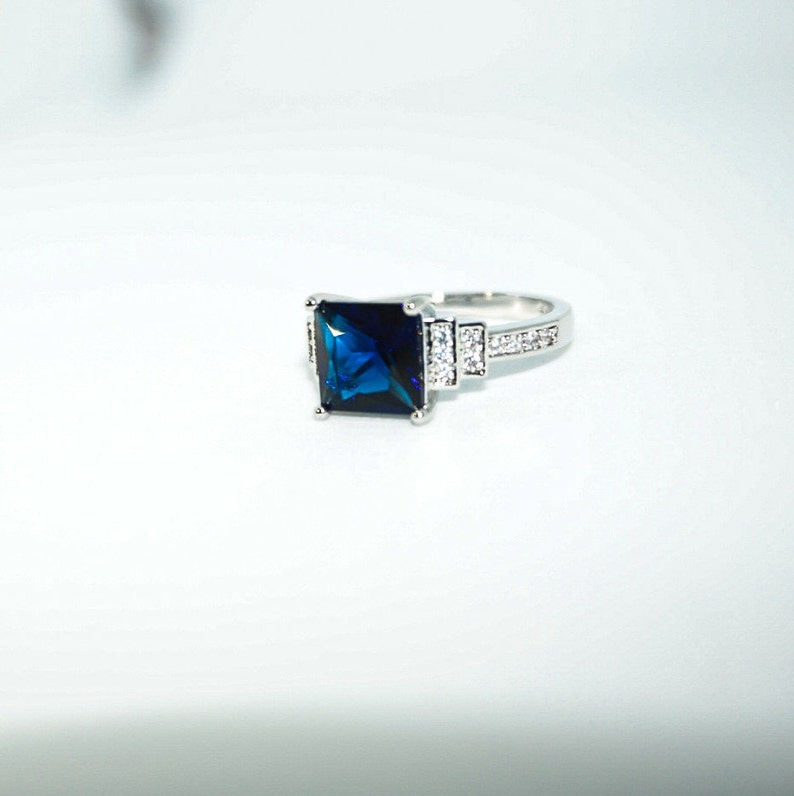 Sapphire Blue Stone Square Icy Band Ring Silver Diamond Cut Stackable ...