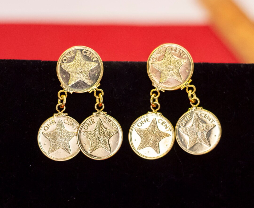 Vintage One Cent Star Coins Gold Tone Dangle Earrings - F32 - Etsy