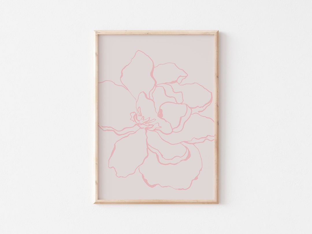 Pink Floral Line Art Print, Pink Flower Wall Decor, Pink Wall Art ...