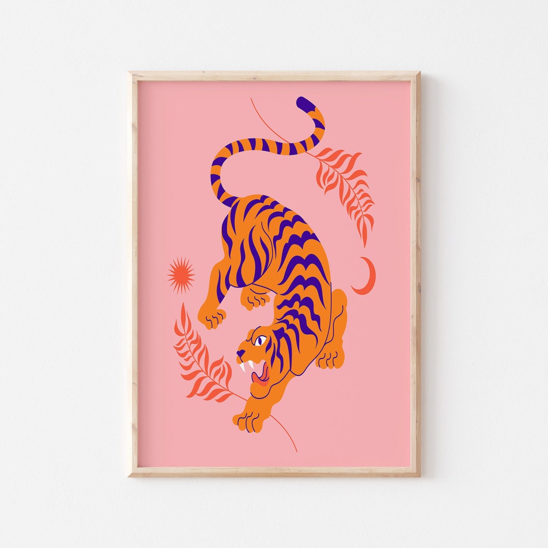 Pink Tiger Boho Art Print, Bohemian Poster Art, Gallery Wall, Fun Decor ...