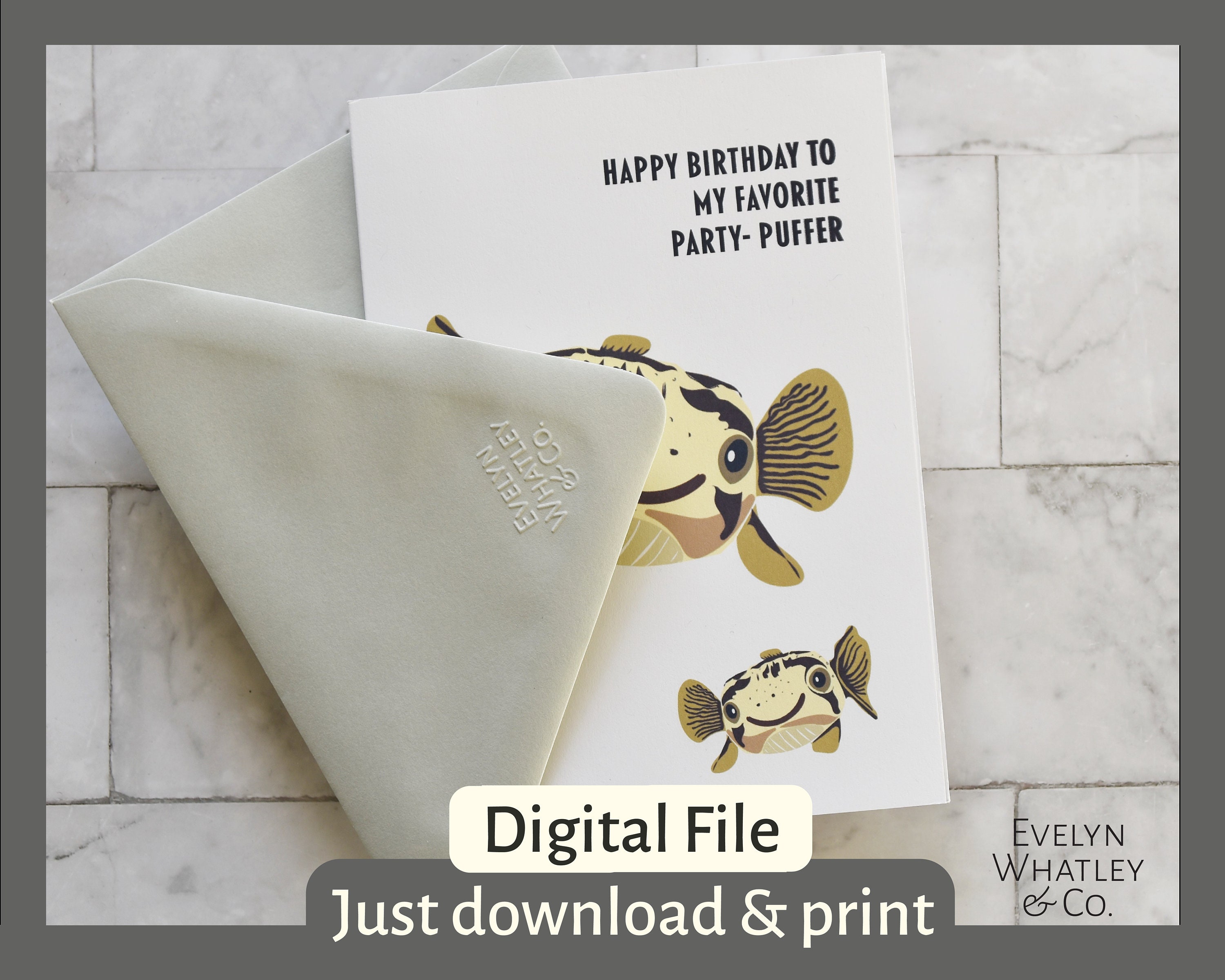Digital Download Card Pufferfish Birthday Card Party Puffer - Etsy