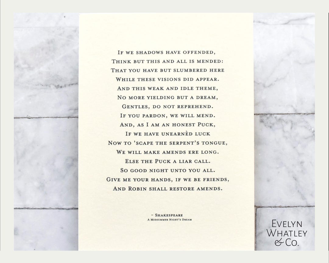 Shakespeare Print - "if We Shadows Have Offended" Midsummer Night's ...