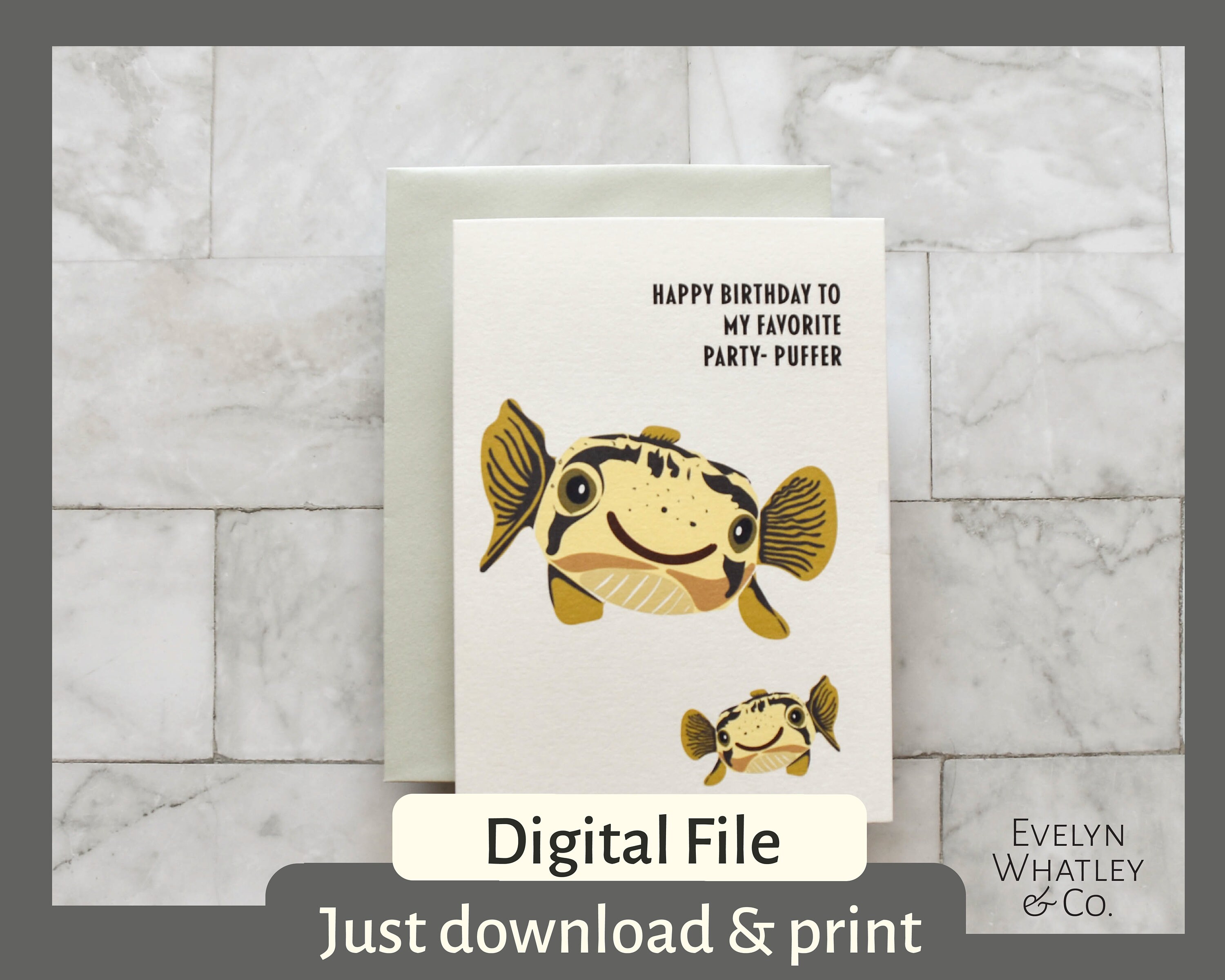 Digital Download Card Pufferfish Birthday Card Party Puffer - Etsy