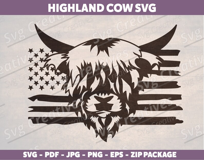 Highland Cow American Flag SVG PNG, Highland Cow Head ,dxf Cut File ...