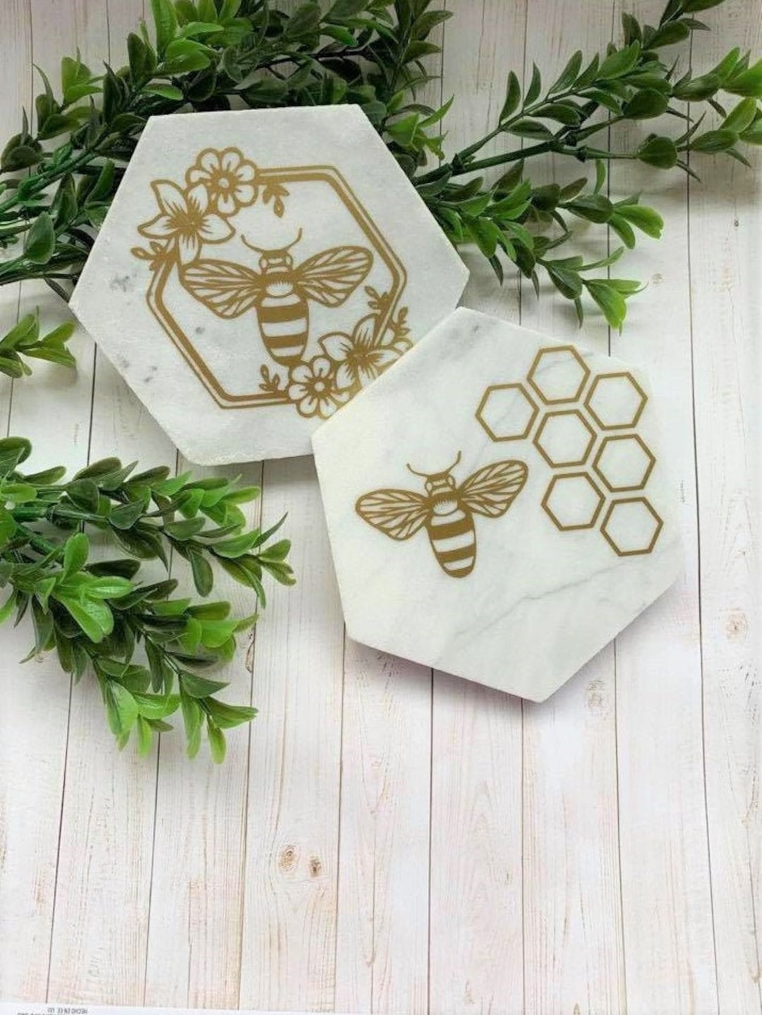 Marble Coaster Set With Bee Design, Floral Bee, Honey Comb Drink ...