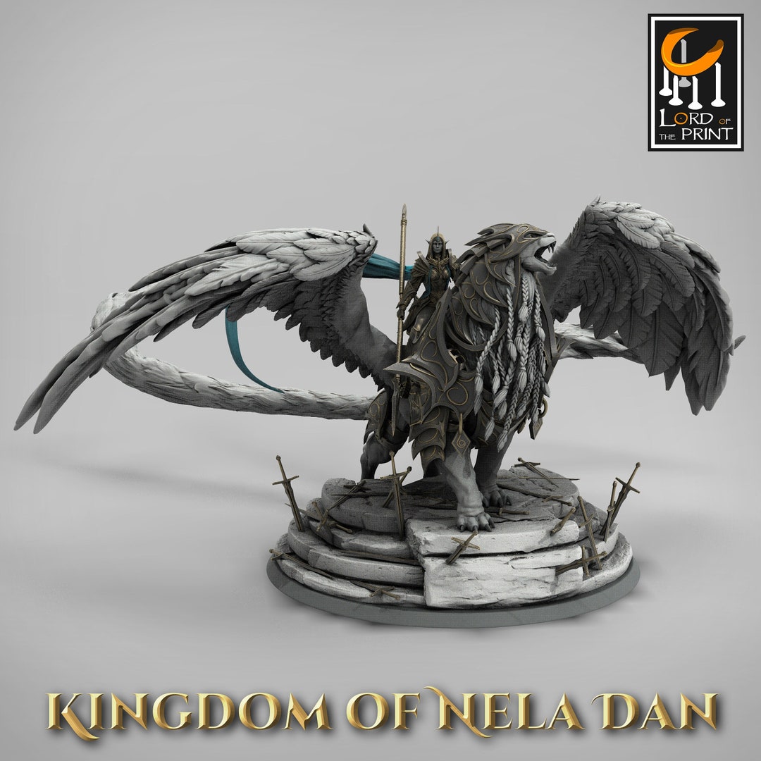 High Elf Female Queen Paladin Mounted on Winged Feline, Moon Elf ...