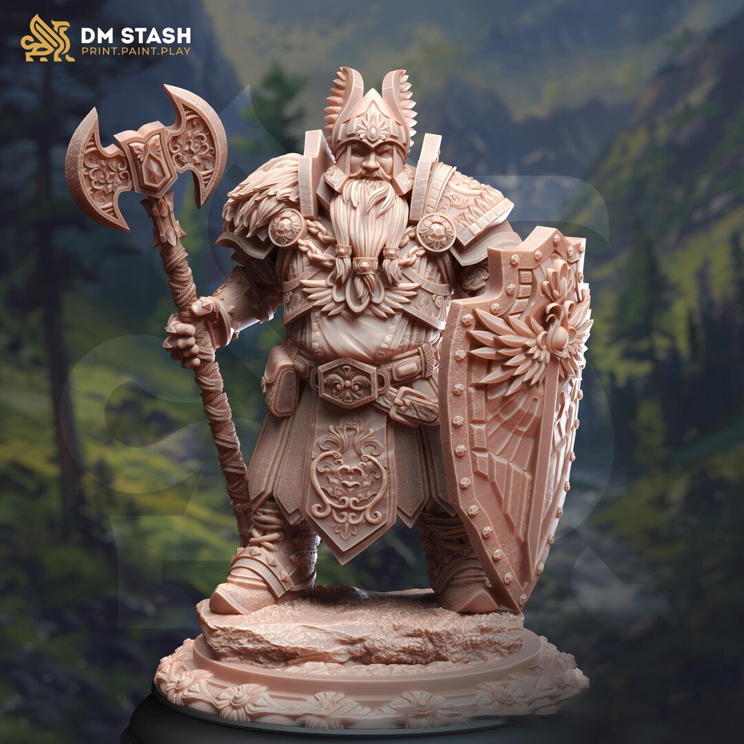 Dwarf Fighter Battlemaster, Paladin, Cleric Axe & Shield PC/NPC Miniature 28mm, 32mm,54mm,75mm ...
