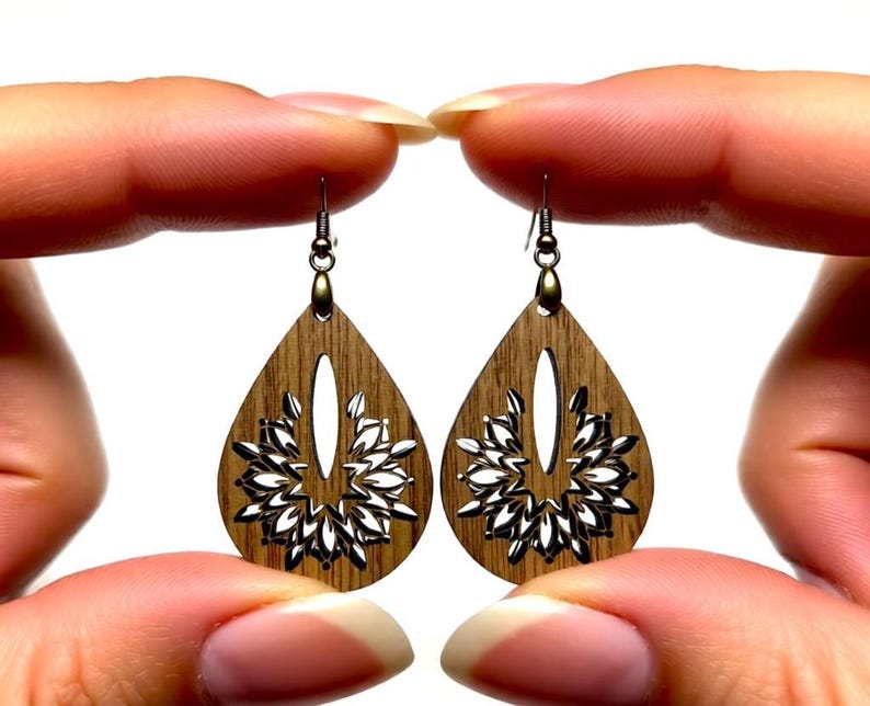Earrings | Wooden Earrings - Teardrop Laser Cut Floral - Etsy