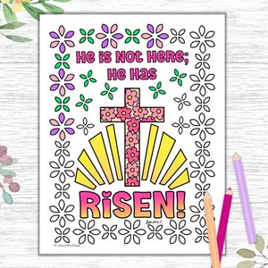He is Risen Coloring Page With Cross Christian Easter - Etsy