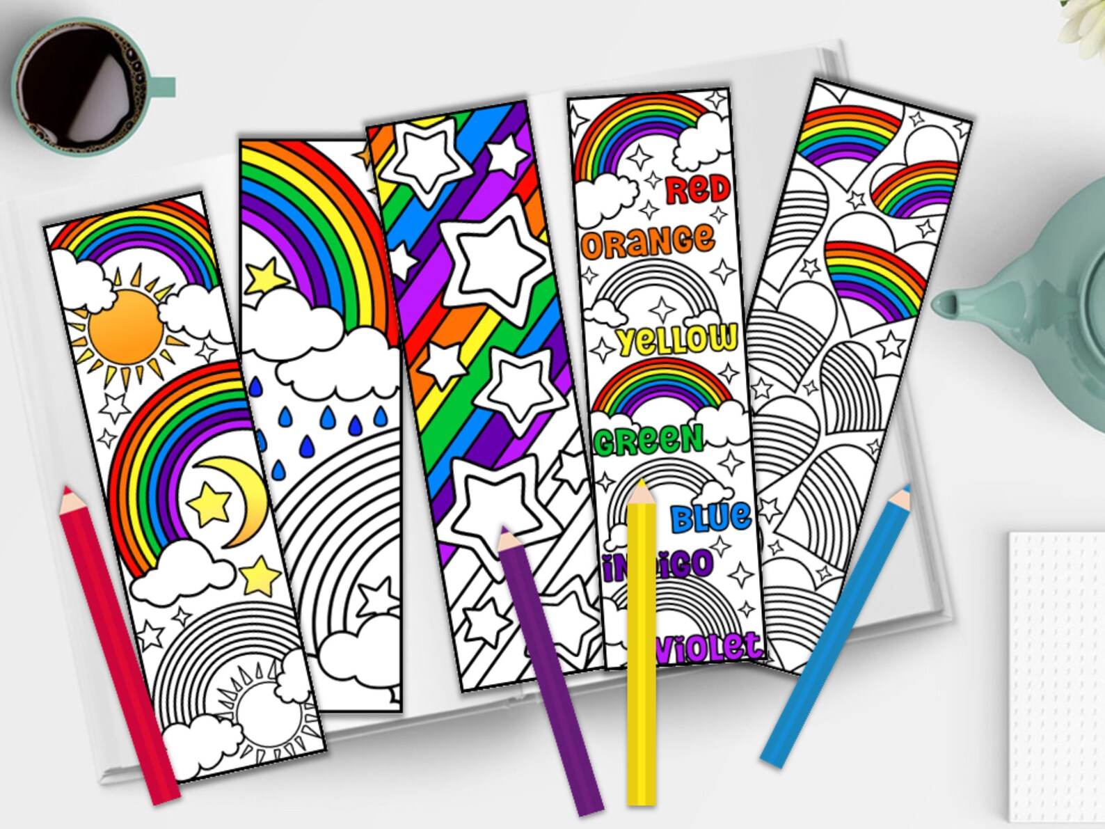 Rainbow Coloring Bookmarks Cute Rainbow Designs With Hearts - Etsy