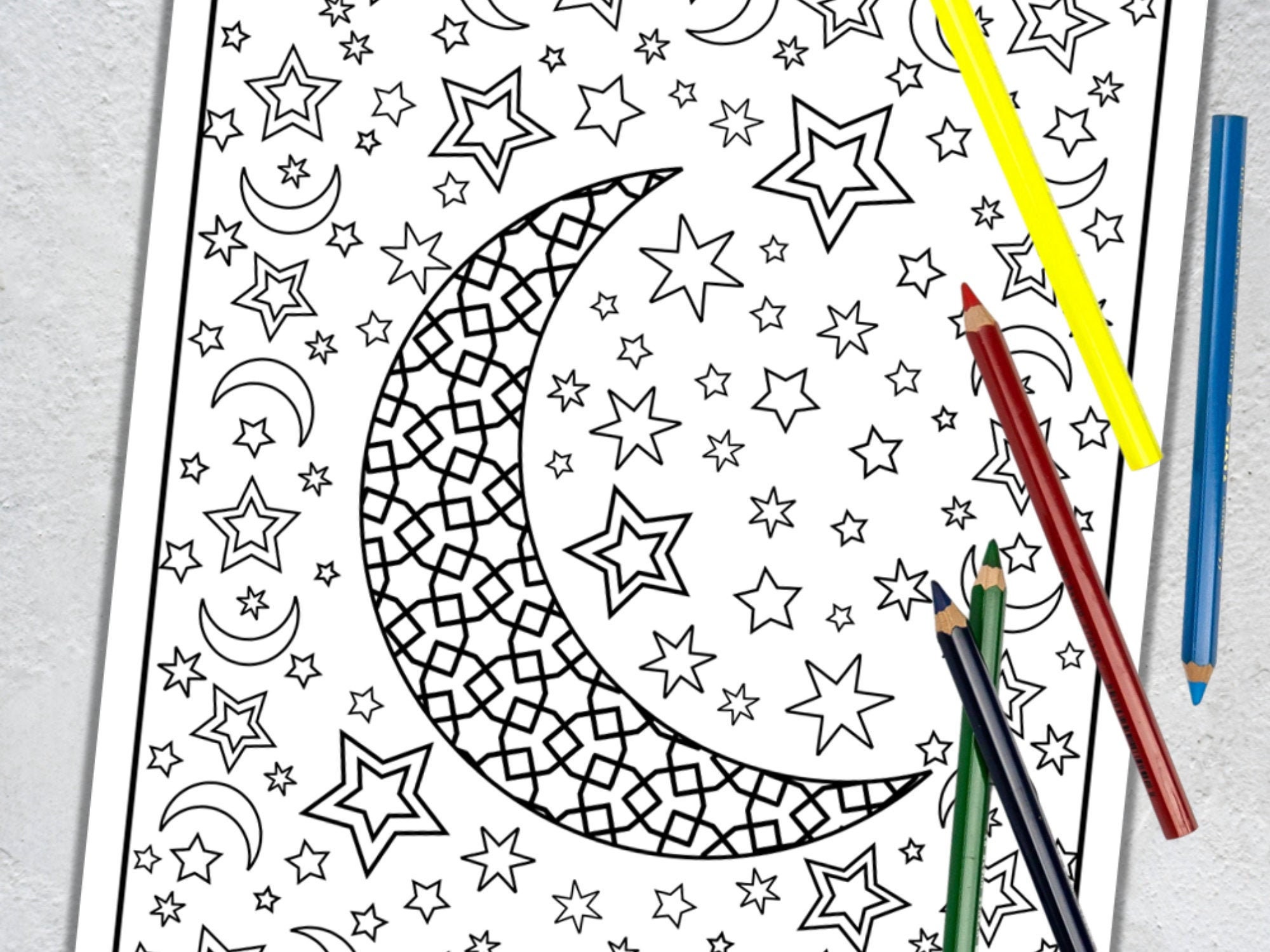 Moon and Stars Coloring Page Celestial Coloring Design - Etsy