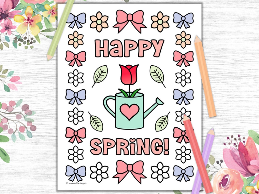 Happy Spring Coloring Page With Tulip - Floral Coloring Page - Coloring ...