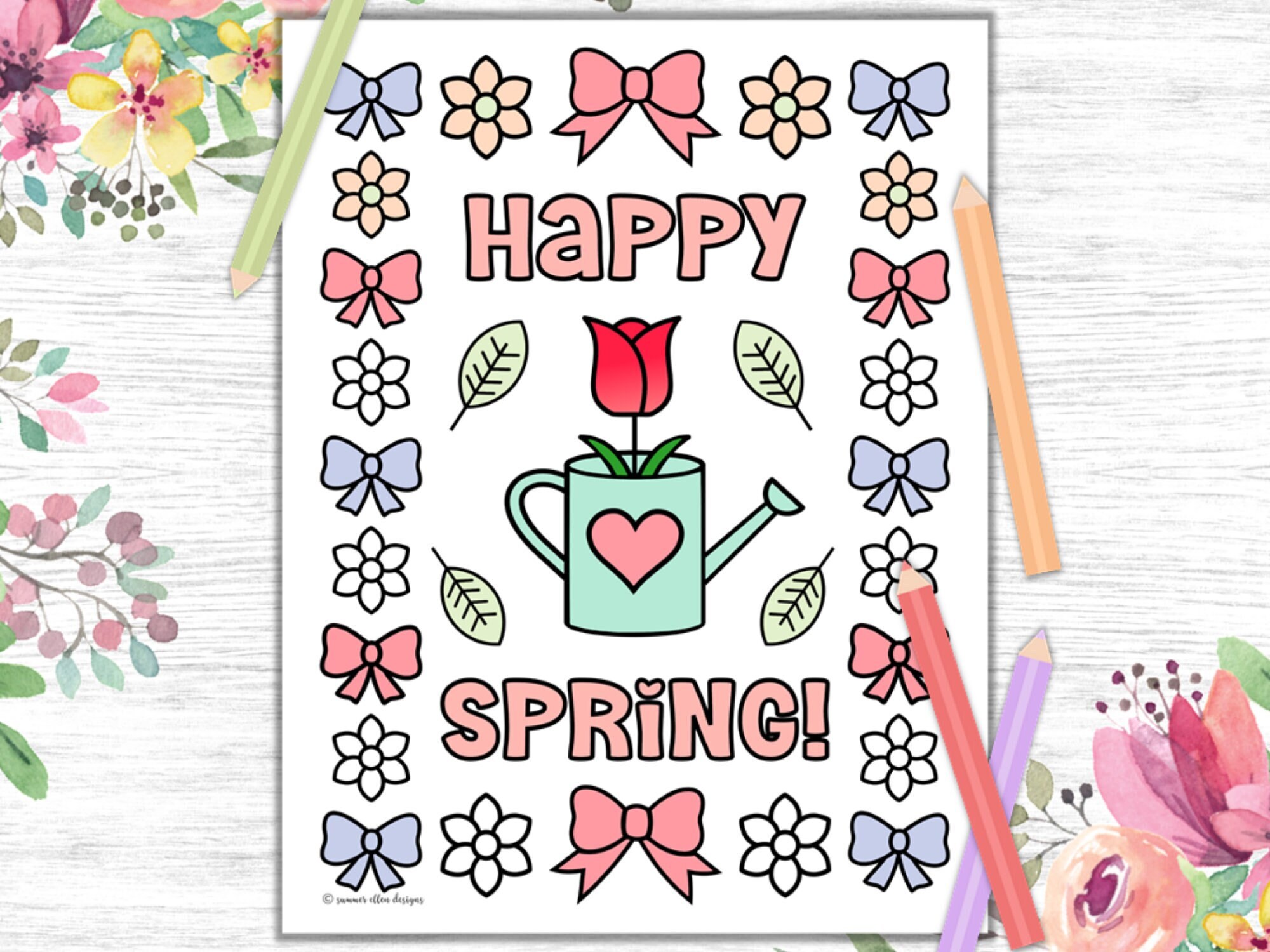 Happy Spring Coloring Page With Tulip Floral Coloring Page Coloring ...
