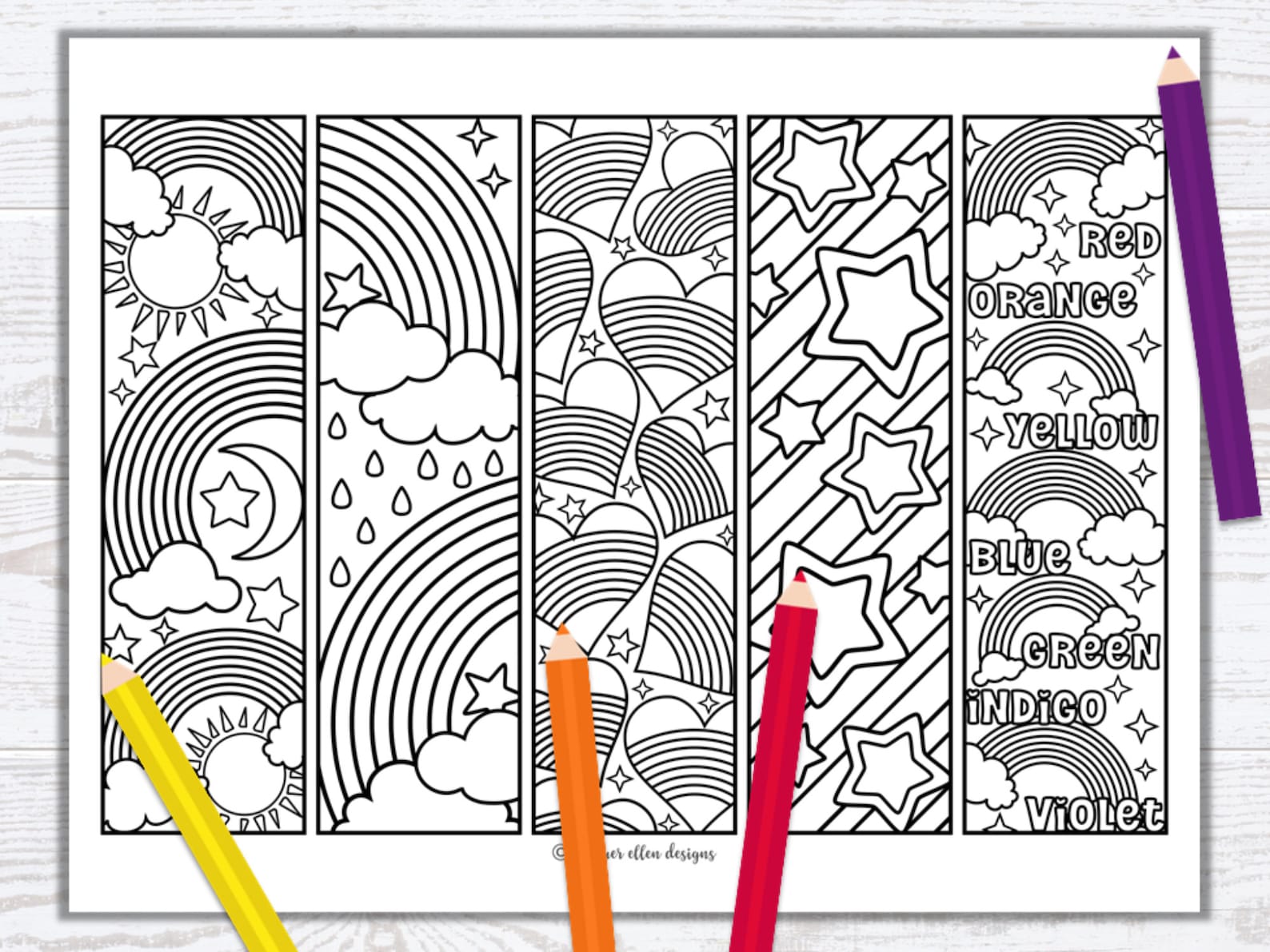 Rainbow Coloring Bookmarks Cute Rainbow Designs With Hearts - Etsy