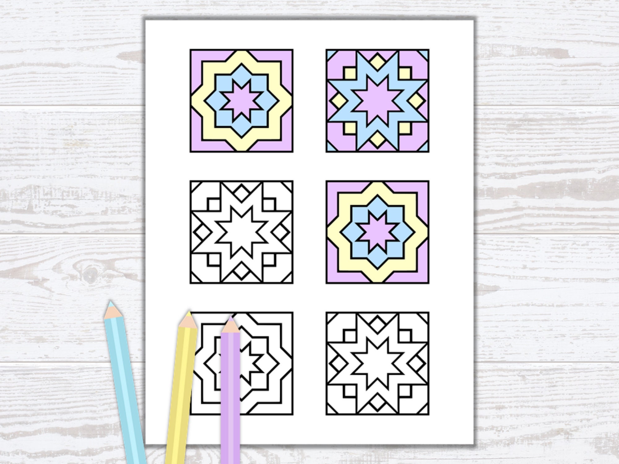 Mosaic Tile Coloring Pages: 3 Geometric Designs (PDF Instant Download ...