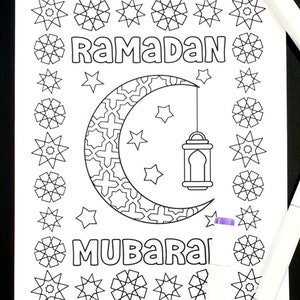 Ramadan Mubarak Coloring Page With Moon, Lantern and Islamic Geometric ...