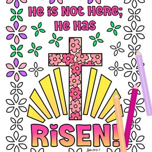 He is Risen Coloring Page With Cross Christian Easter - Etsy