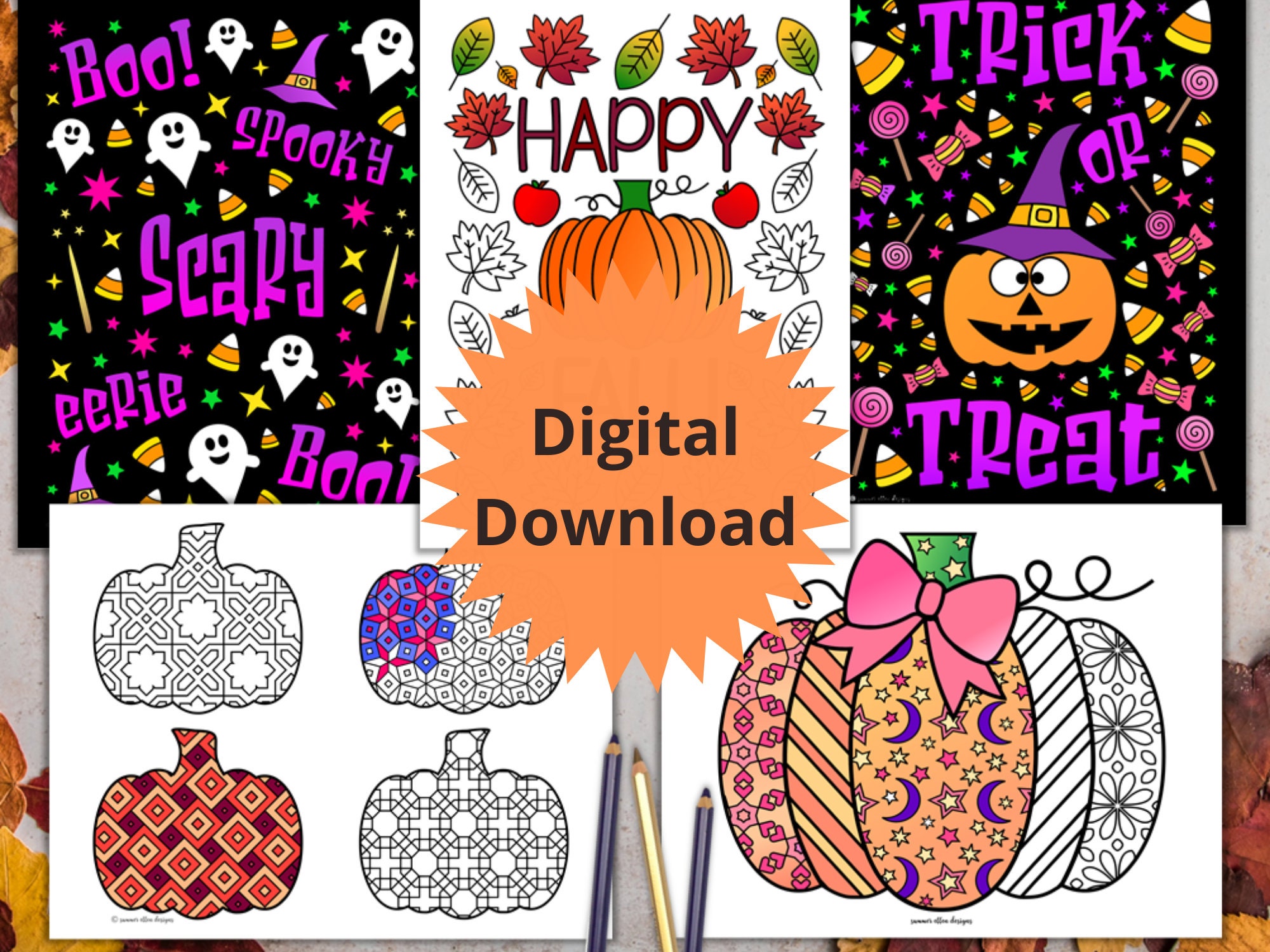 Halloween Coloring and Fall Coloring Pages Fall Theme - Etsy